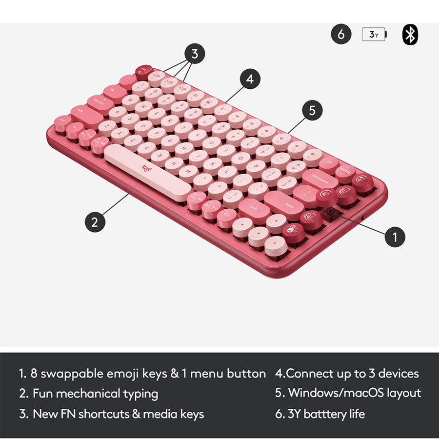 Logitech POP Keys Wireless Mechanical Emoji Keyboard - Rose - Setra